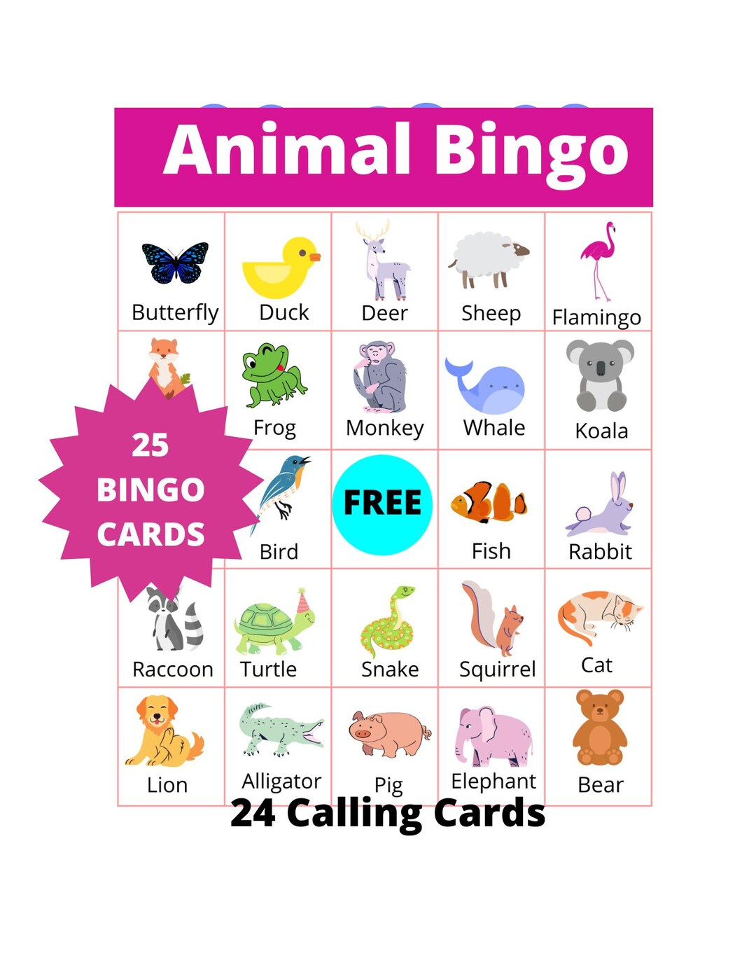 Animal Bingo Game for Children, Bingo Calling Cards, Children Bingo ...