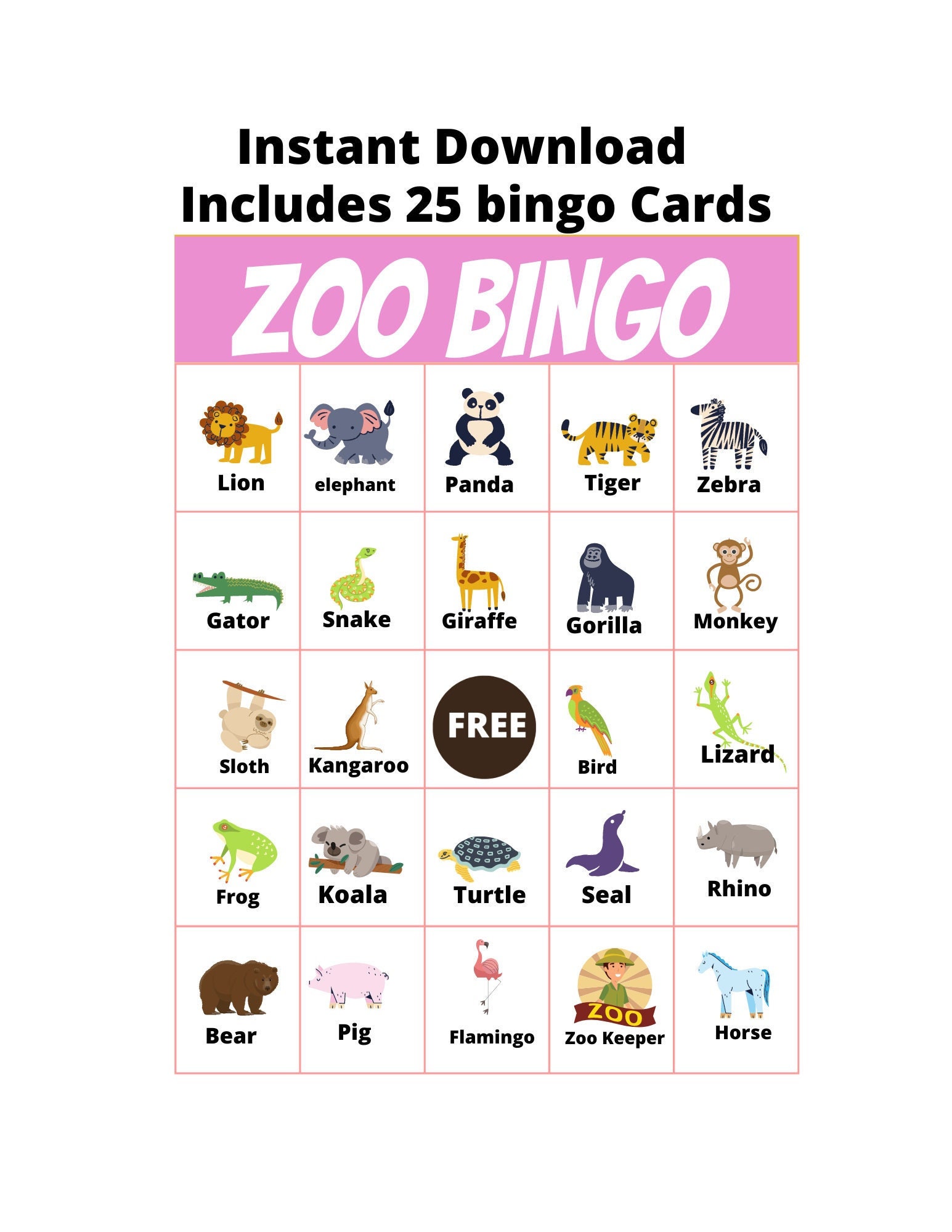 Zoo Bingo Game, Printable Bingo Game With Large Card, Instant Bingo ...