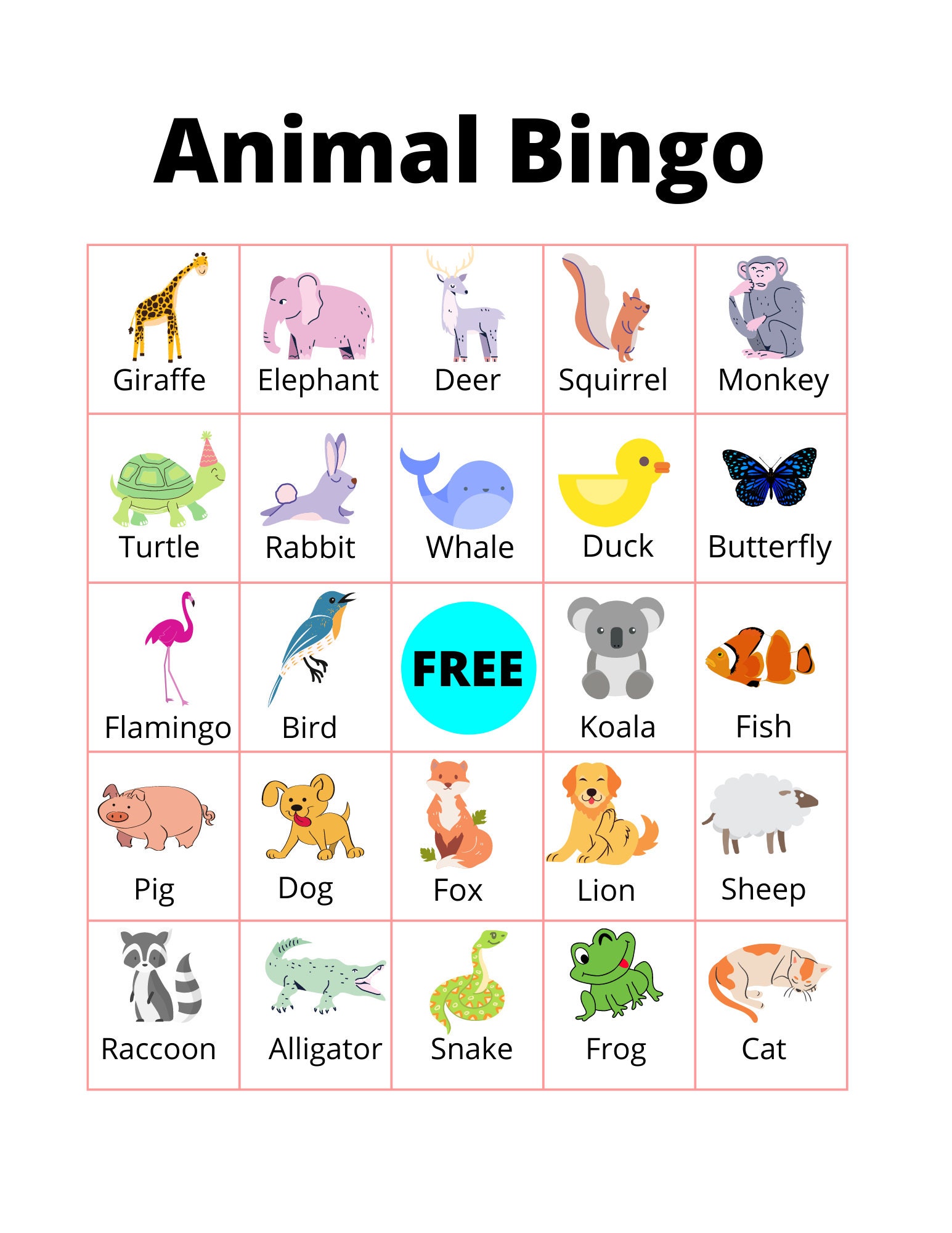 Bingo Template, Instant Animal Bingo Printable, Animal Bingo for Kids ...