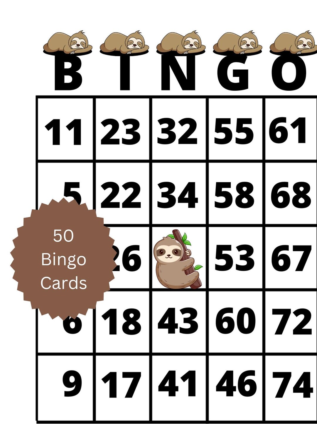 Sloth Bingo Game, Bingo Calling Cards, Printable Bingo Game With Large ...