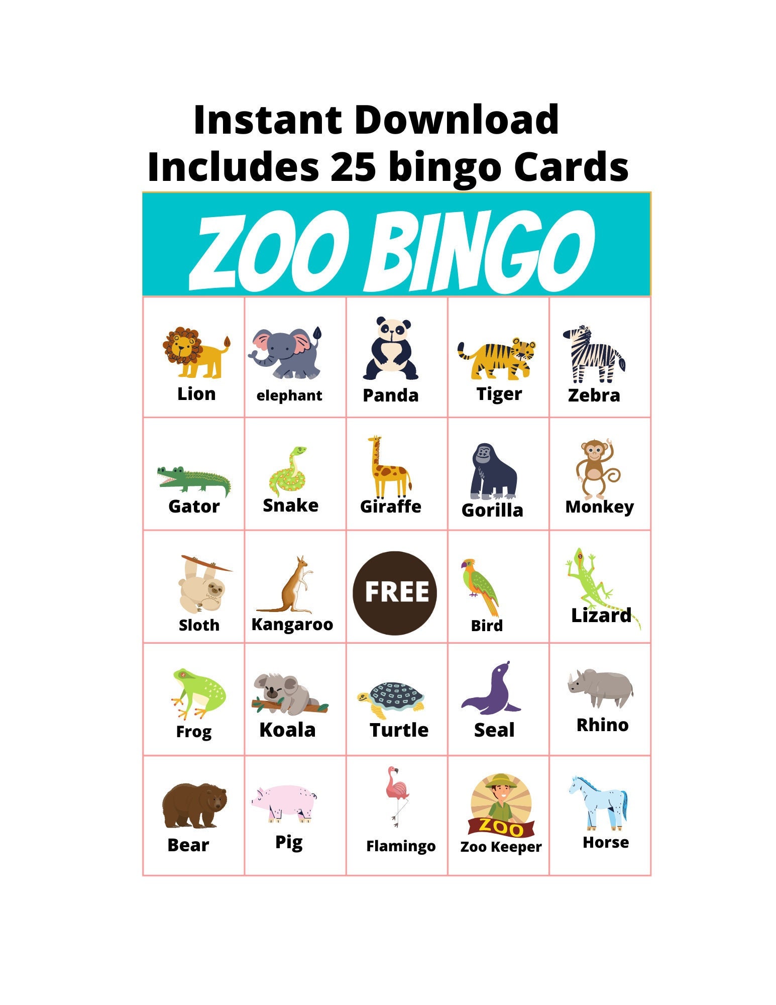 Zoo Bingo Game, Animal Bingo Game, Zoo Animal Bingo, Print and Play ...