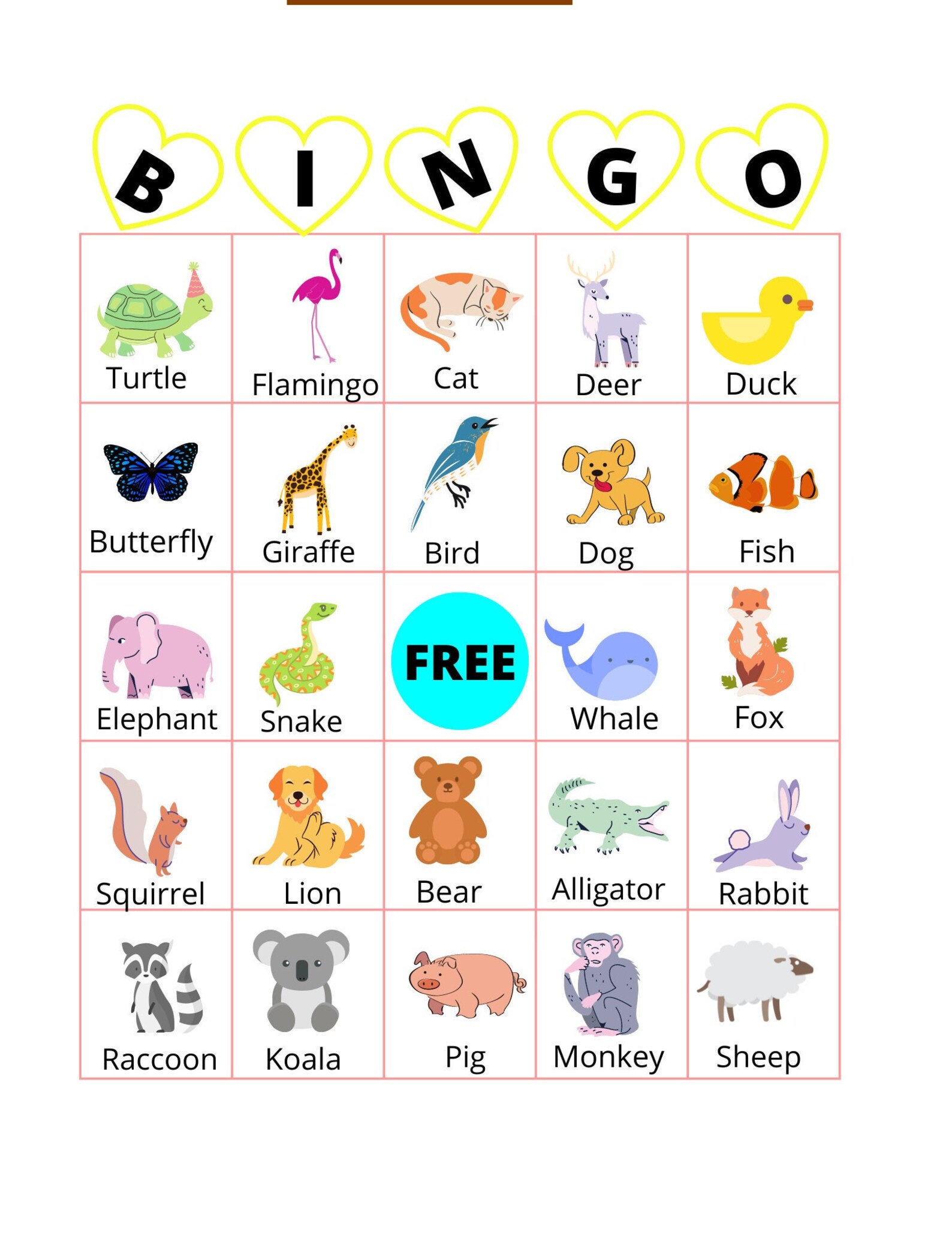 Animal Bingo for Kids, Printable Large Bingo Cards With Animals, Play ...
