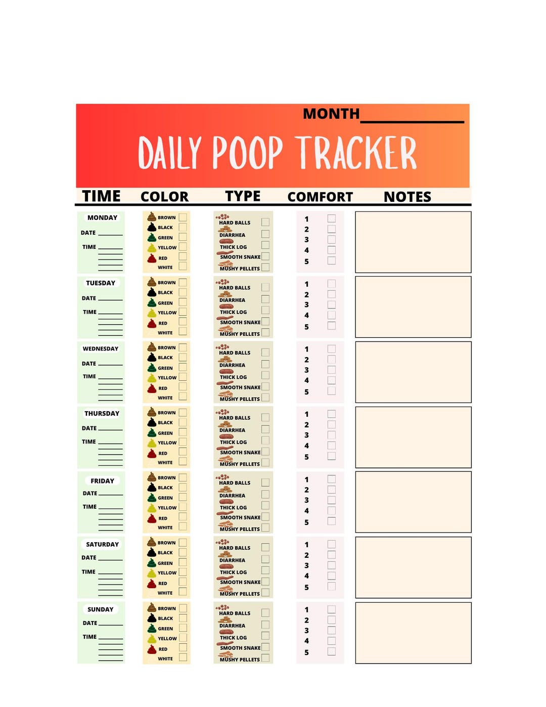 Poop Tracker Printable Sheets, Bowel Movement Journal Planner, Poop ...