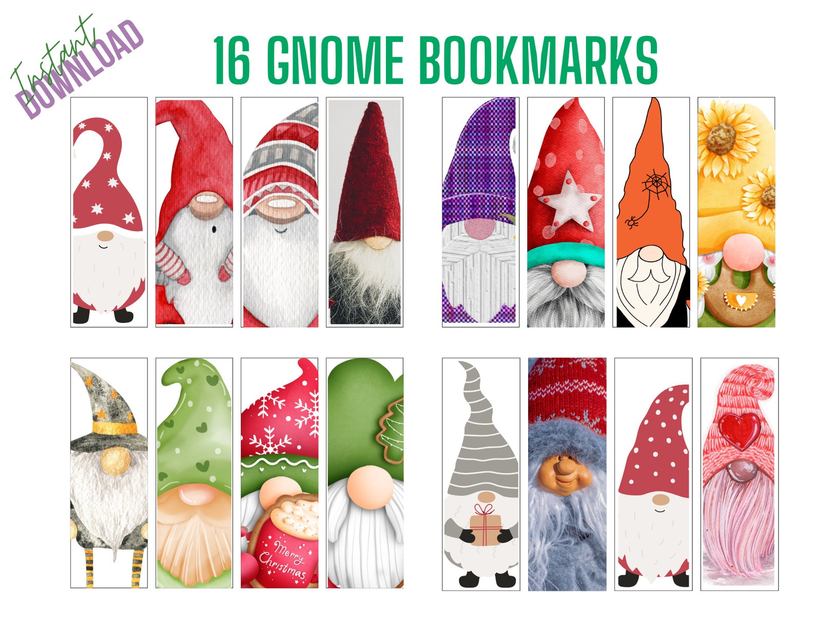 Christmas Gnome Printable Bookmark Variety Pack of 16, Adult and ...