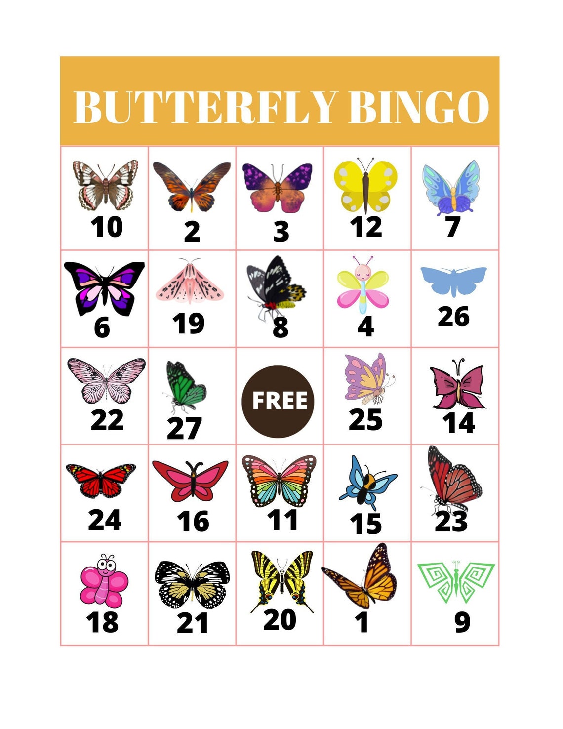 B143-bingo Card Game With Butterflies/bingo Game Bundle to Play/instant ...