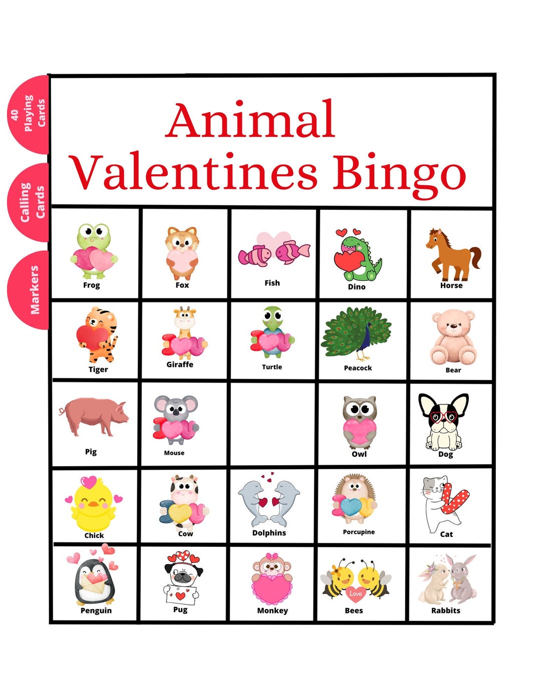 Animal Valentine Card, Valentine Bingo Card, Animal Valentine Cards - Etsy