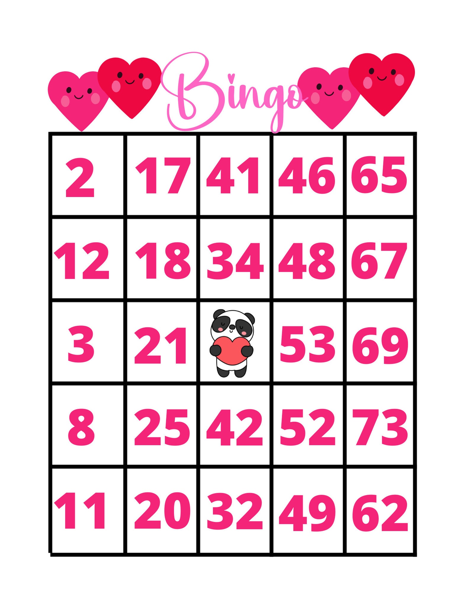 Pink Hearts BINGO Game for Children and Adults, Bingo Cards Pink Hearts ...