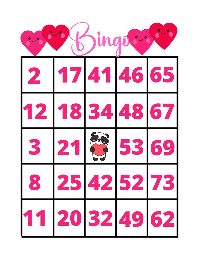 Pink Hearts BINGO Game for Children and Adults, Bingo Cards Pink Hearts ...