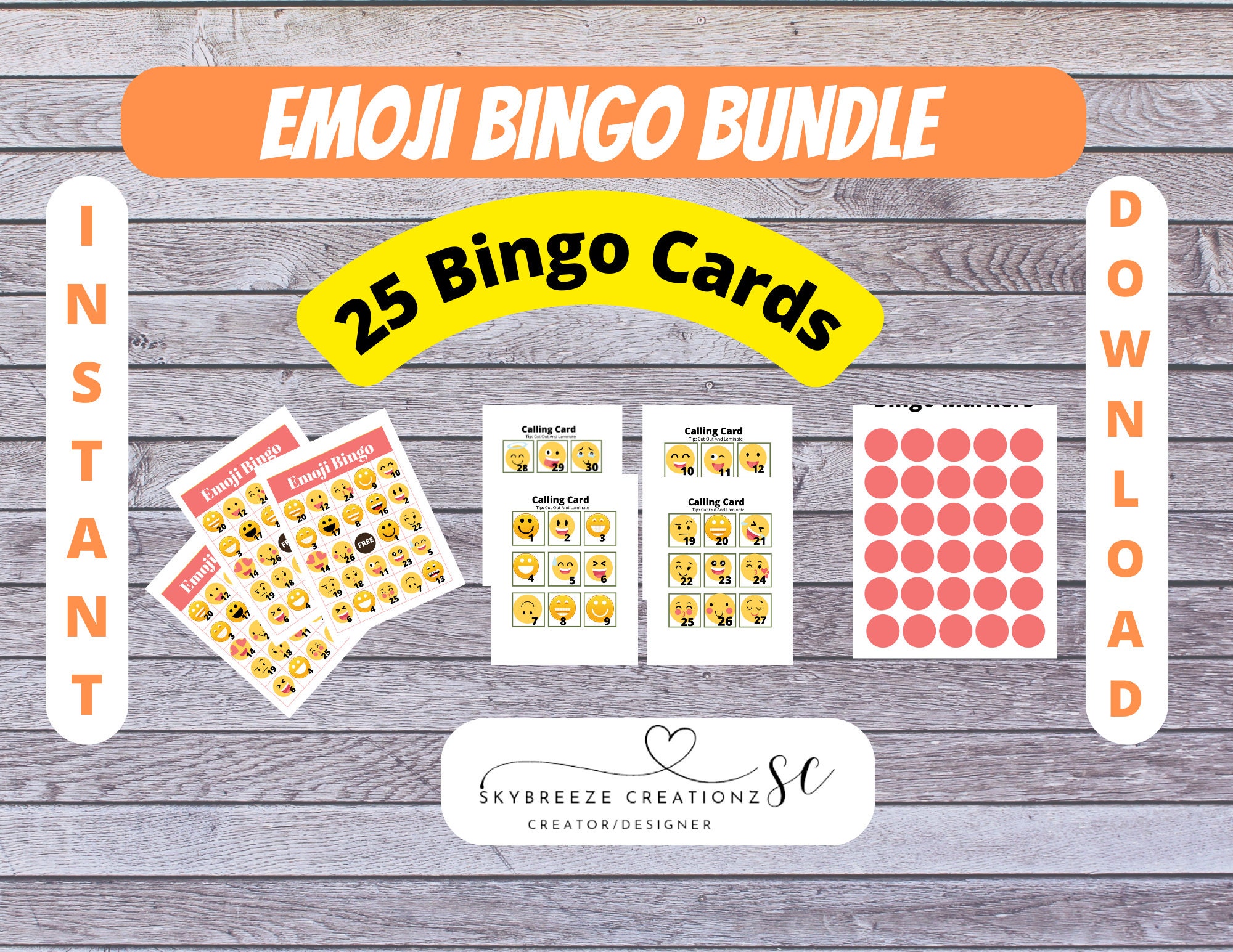 Emoji Face Bingo, Printable Bingo Game With Large Cards,print and Play ...