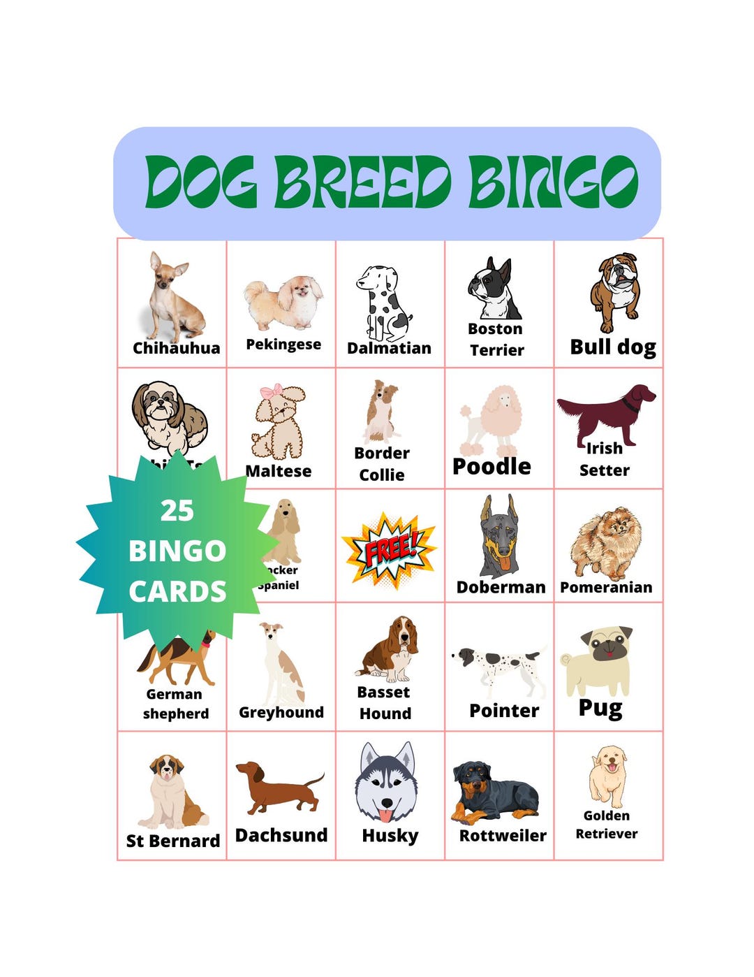 Dog Breed Bingo, Animal Bingo for Kids, Animal Bingo Game for Children ...