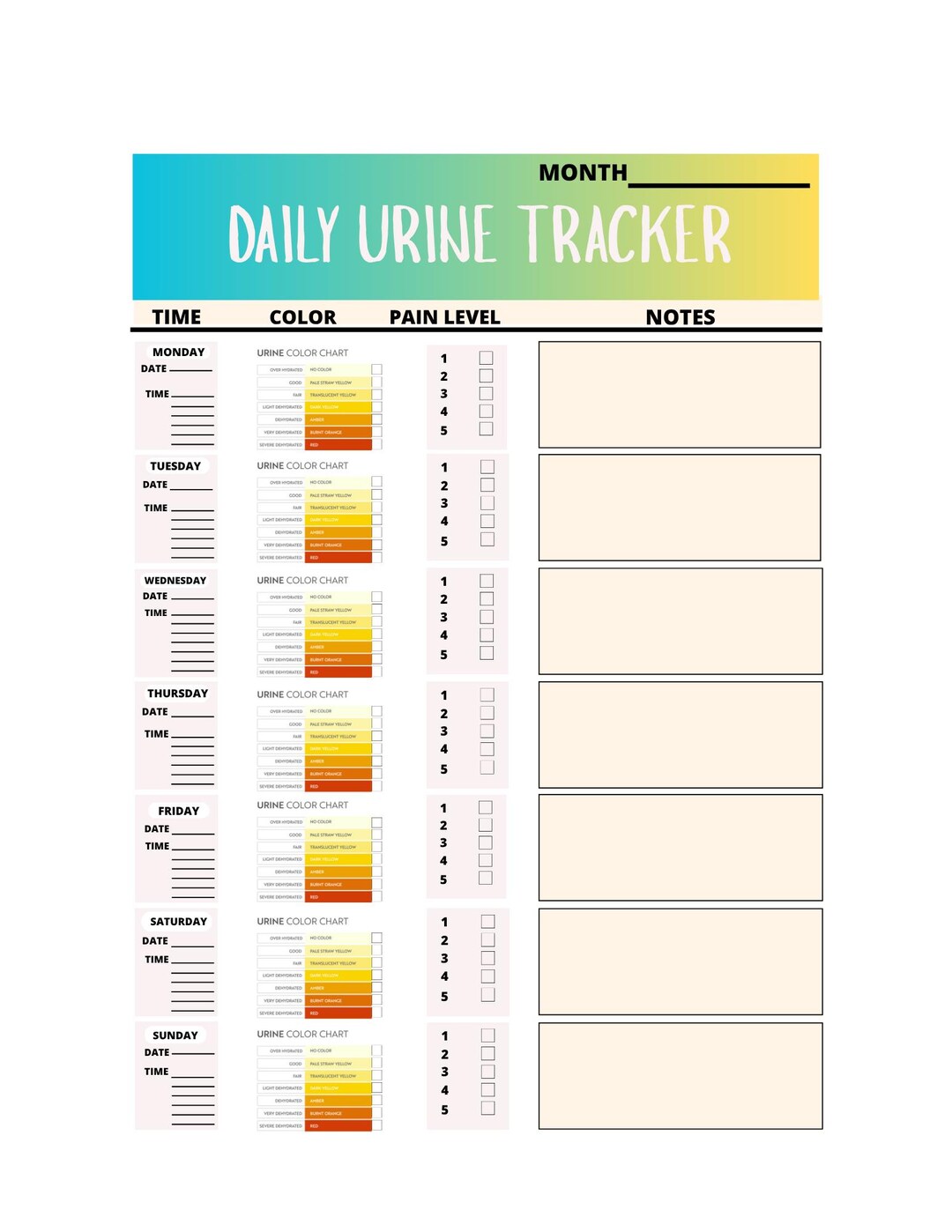 Daily Urine and Bladder Tracker Sheet, Track Urine and Bladder Habits ...
