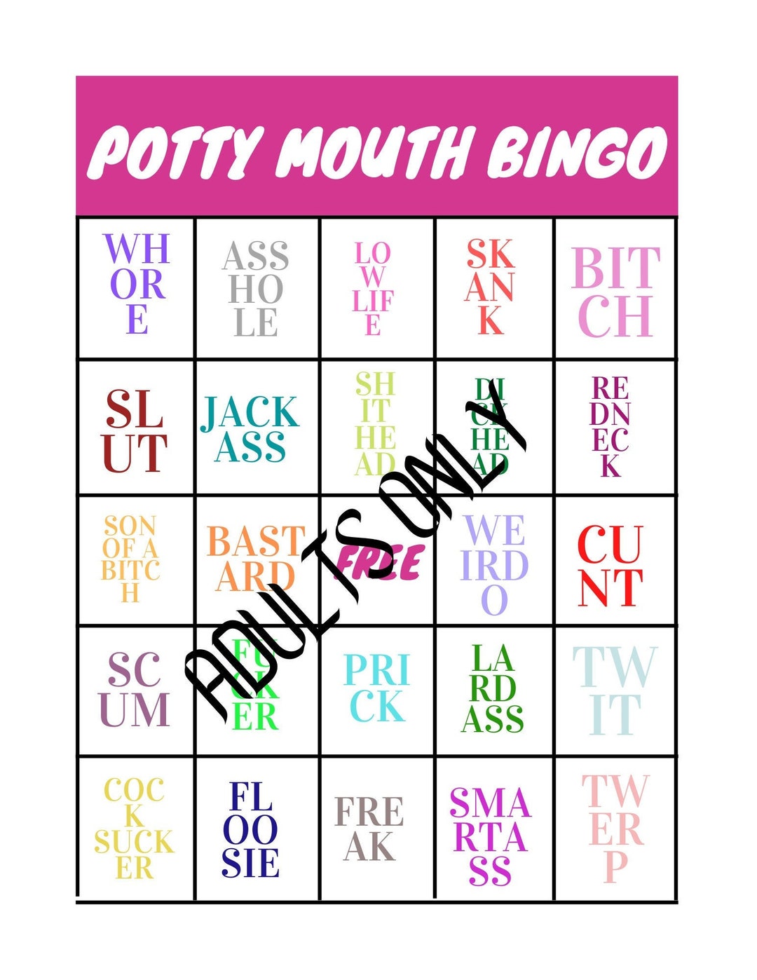 Adult Only Potty Mouth Bingo Game, Swear Word Bingo Adult Only Potty ...