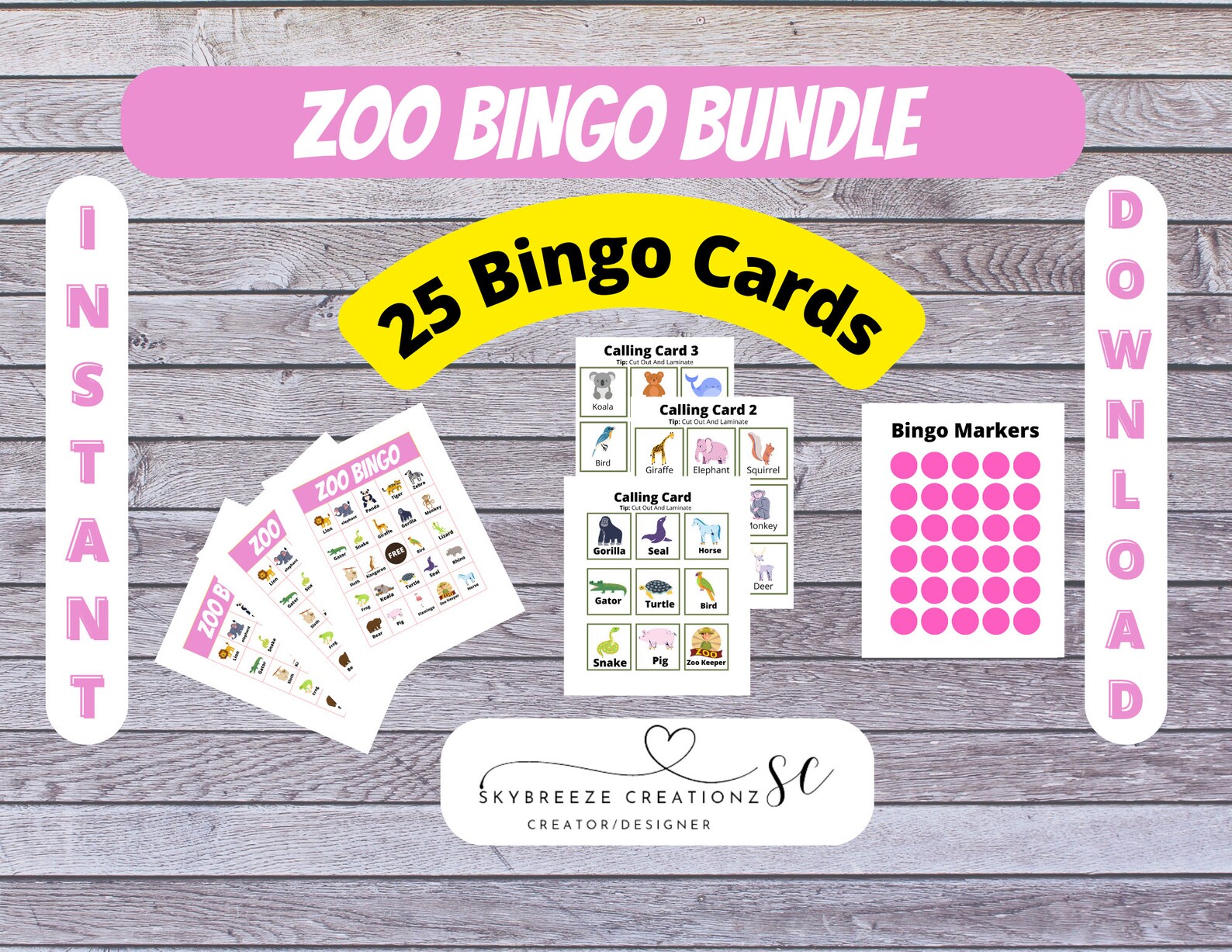 Zoo Bingo Game Printable Bingo Game With Large Card Instant Etsy