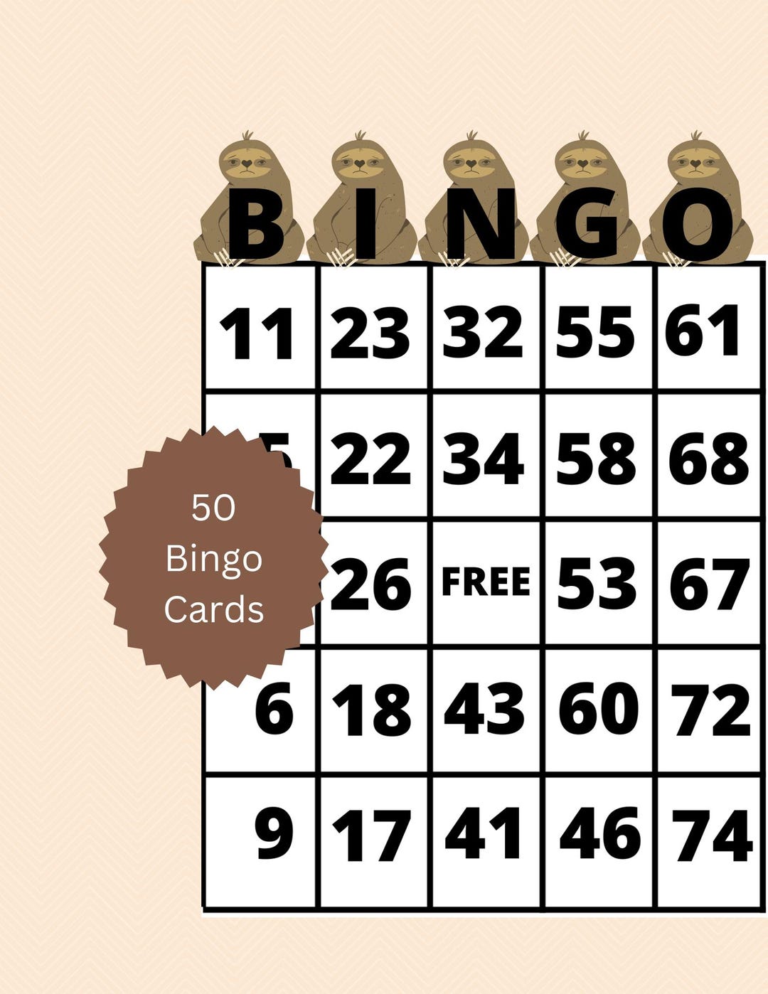 Sloth Bingo Game for All Ages, Bingo Calling Cards, Printable Bingo ...