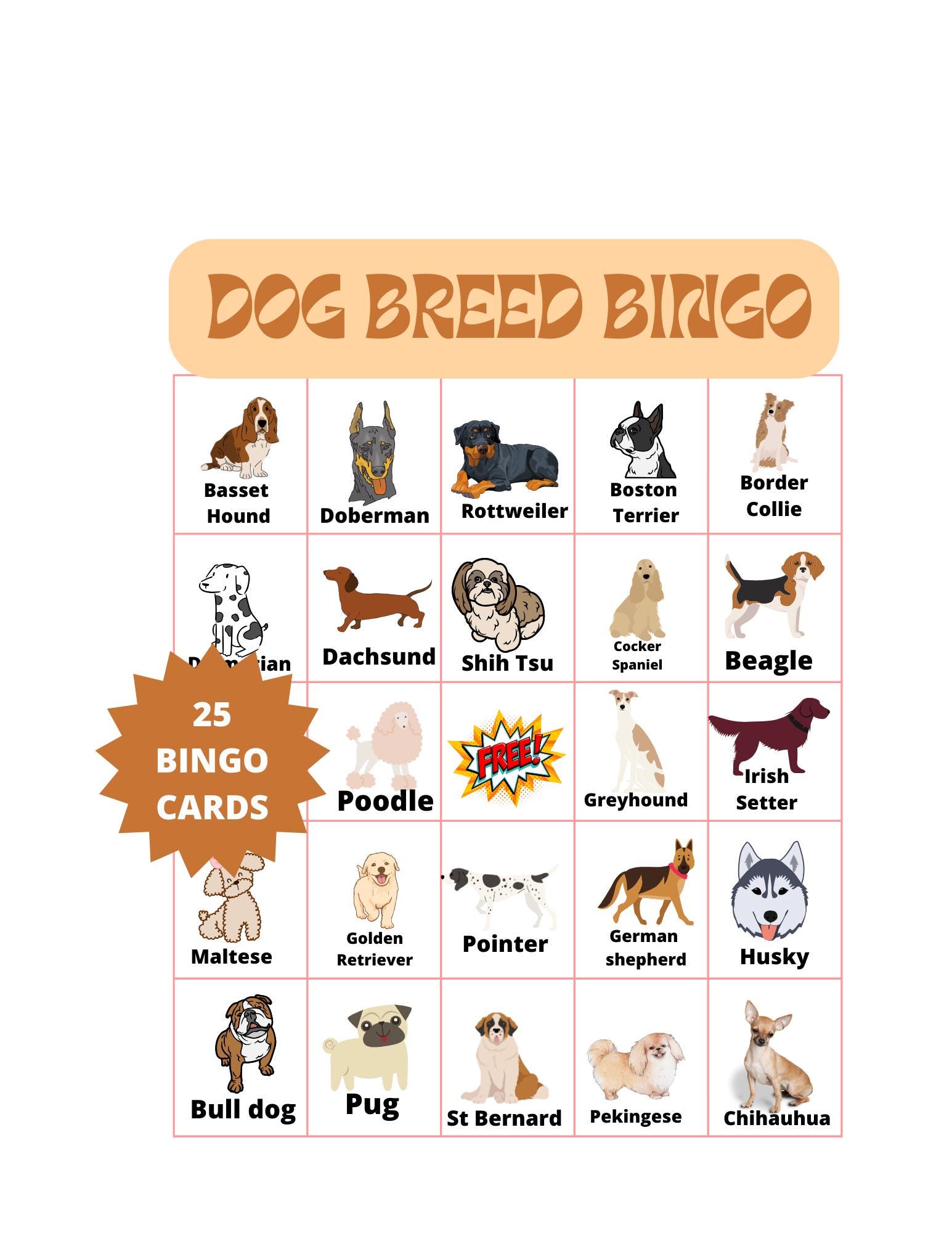 Dog Breed Bingo, Dog Breed Bingo Game ,print and Play Bingo With Kids ...