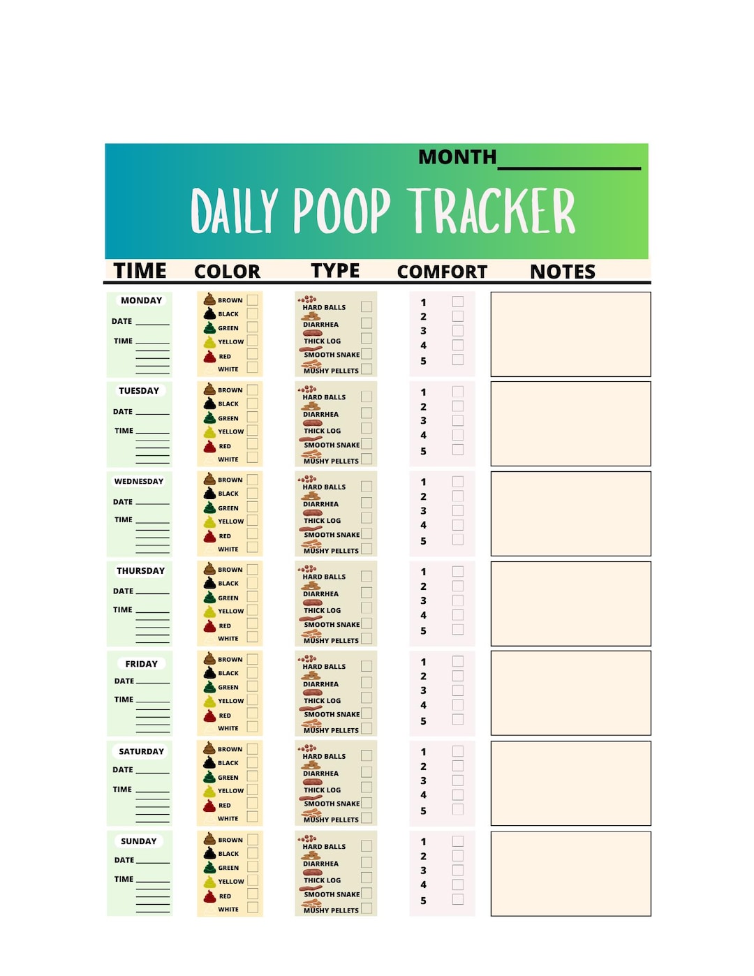 Poop Tracker Printable Sheets, Bowel Movement Journal Planner, Poop ...