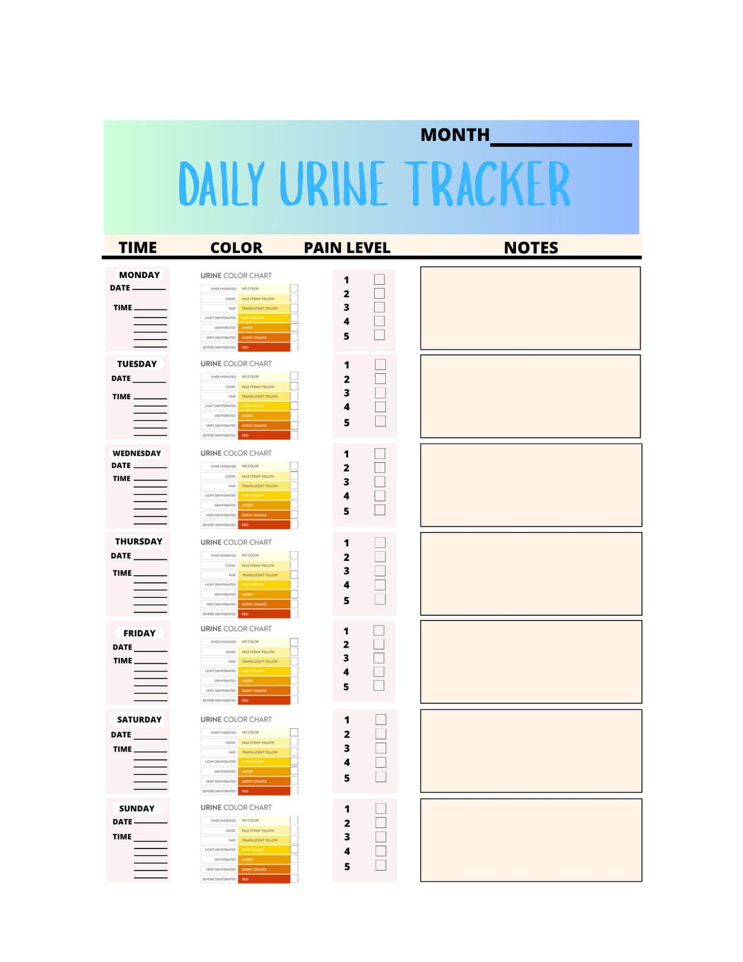 Daily Urine and Bladder Tracker Sheet, Track Urine and Bladder Habits ...