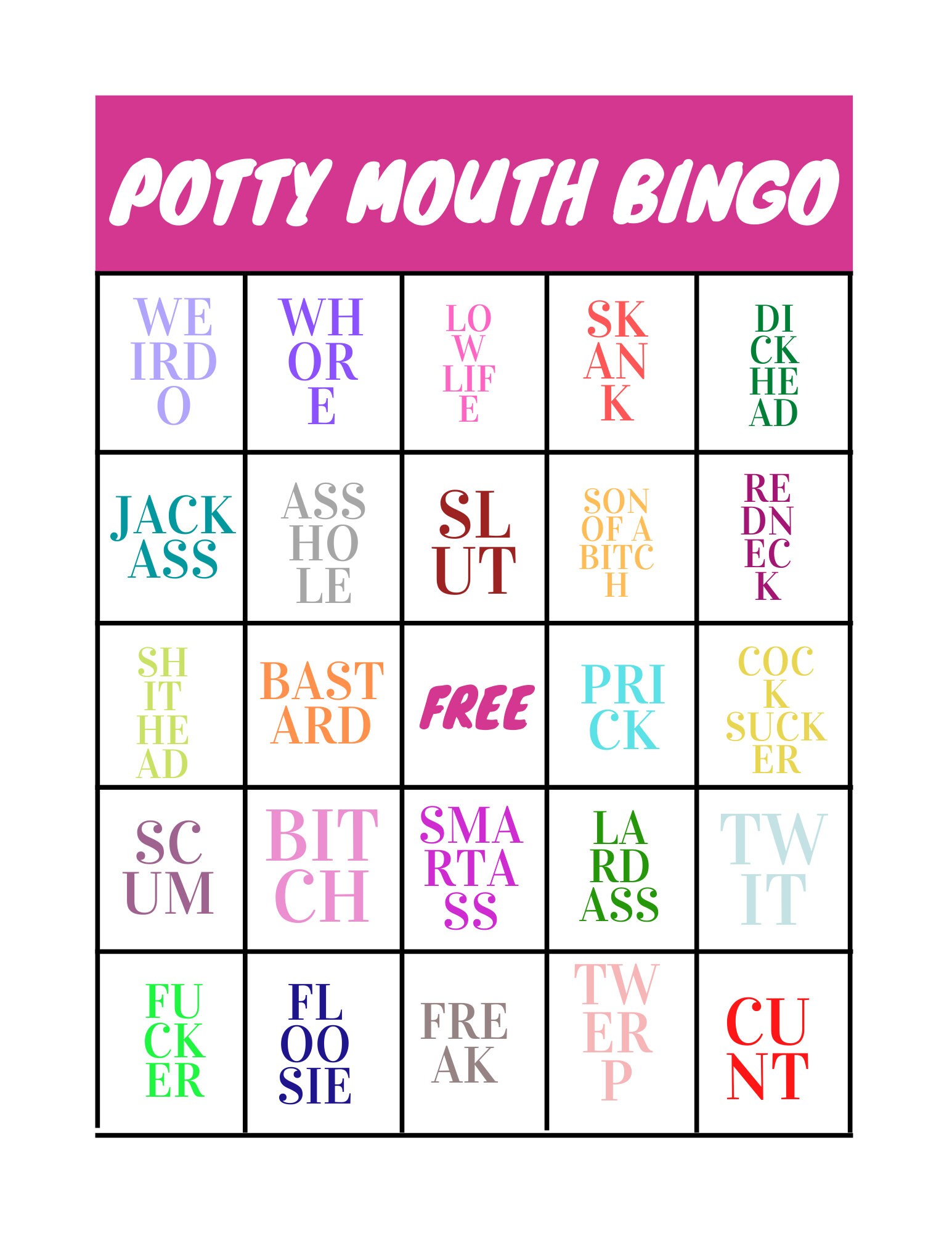 Adult Only Potty Mouth Bingo Game, Swear Word Bingo Adult Only Potty ...