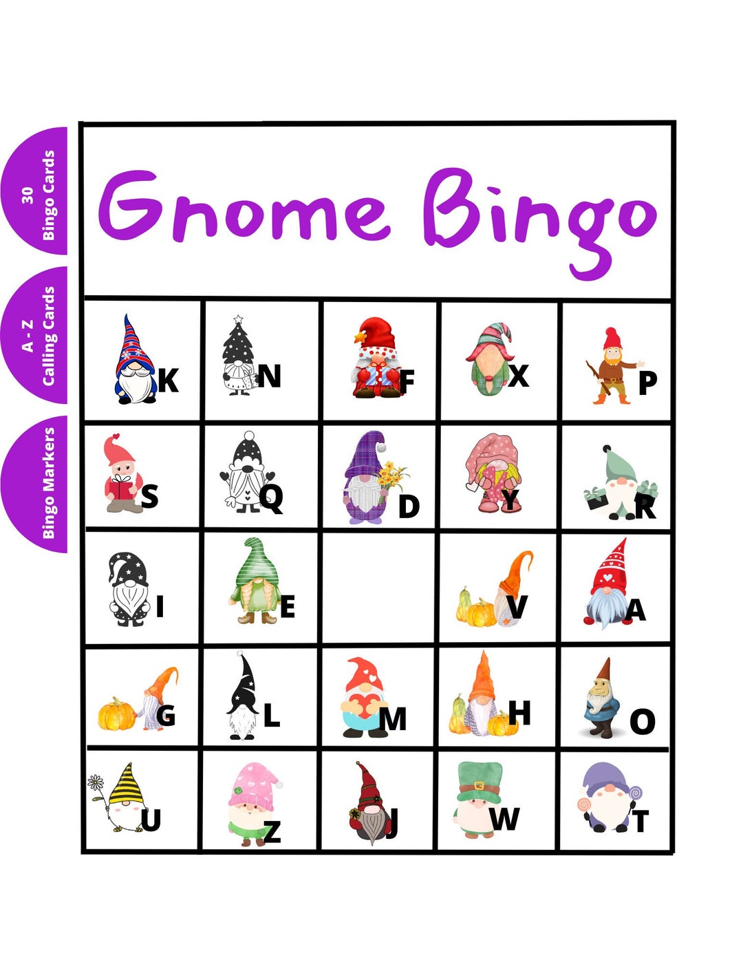 Gnome Bingo Games for Adults and Children 4, Printable Christmas Bingo ...