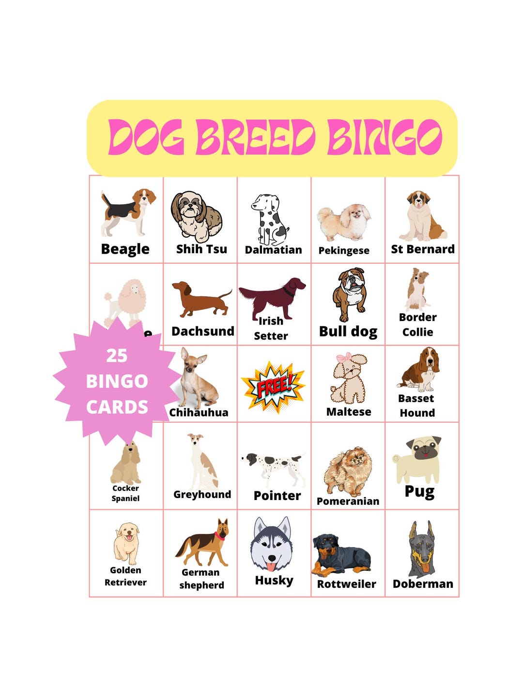 Dog Breed Bingo, Animal Bingo for Kids, Animal Bingo Game for Children ...