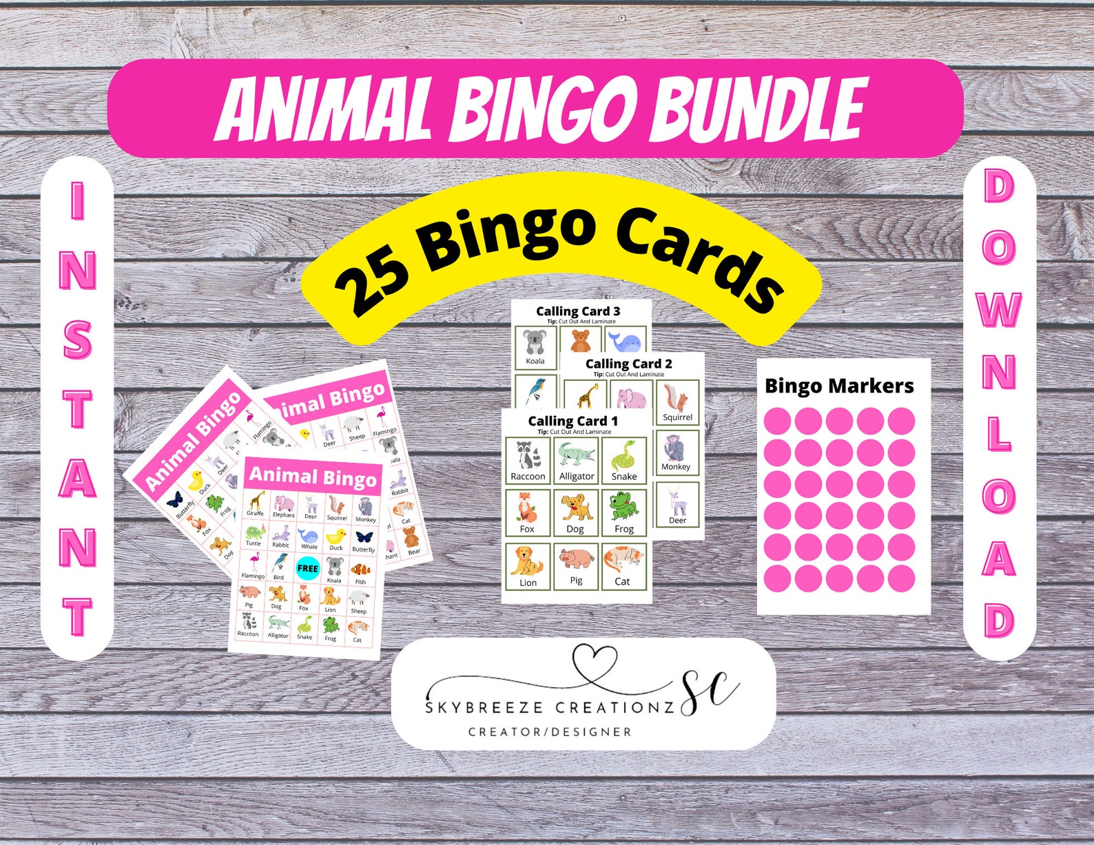 Animal Bingo Game for Children, Printable Large Bingo Cards With ...