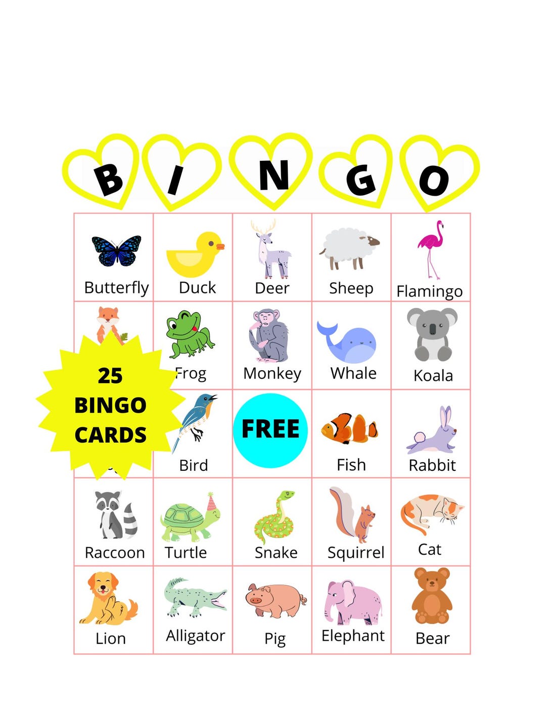 Animal Bingo for Kids, Bingo Game for Children, Printable Large Bingo ...