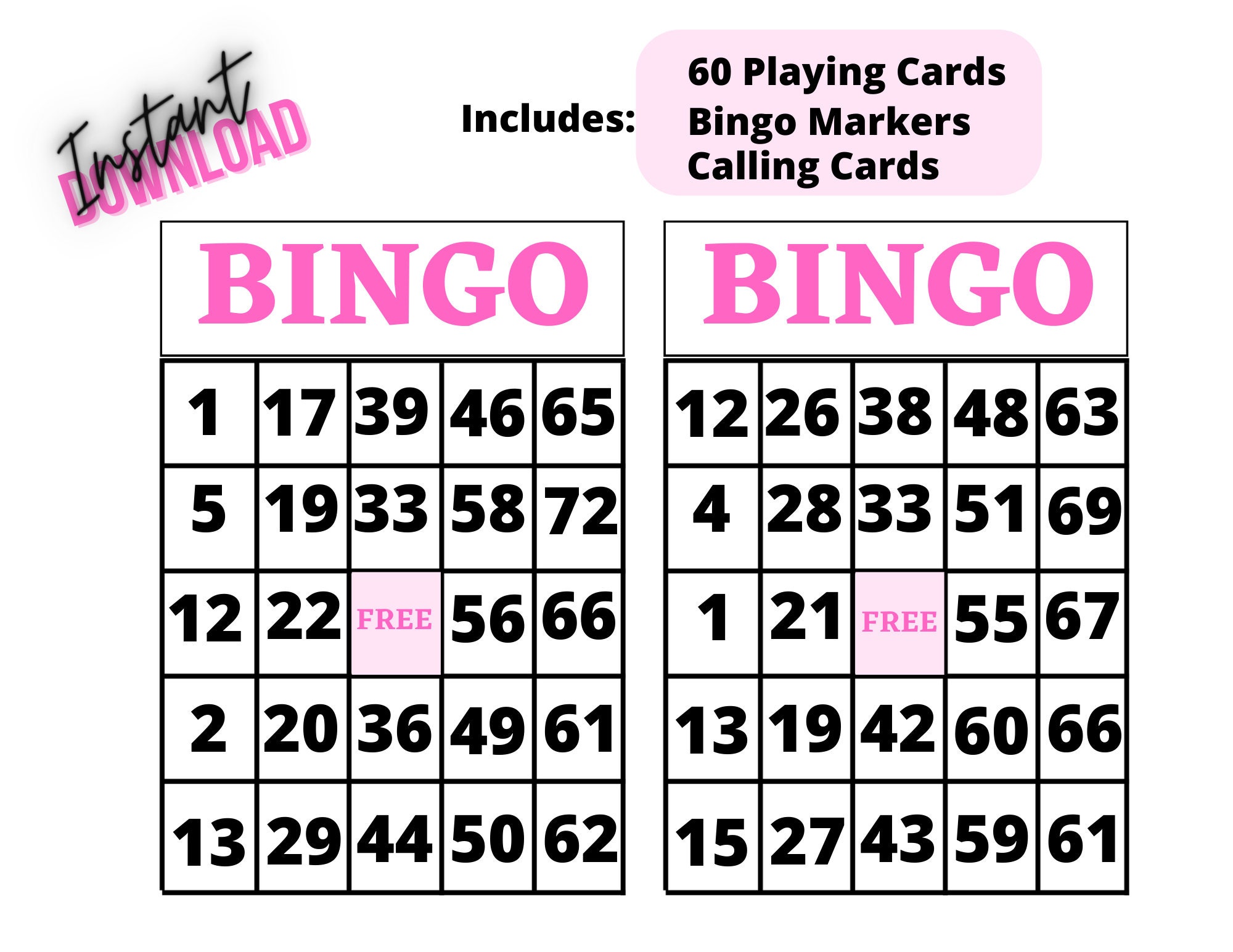 Bingo Calling Cards/pink Header Bingo Game/kids Bingo/60 Card Bingo ...