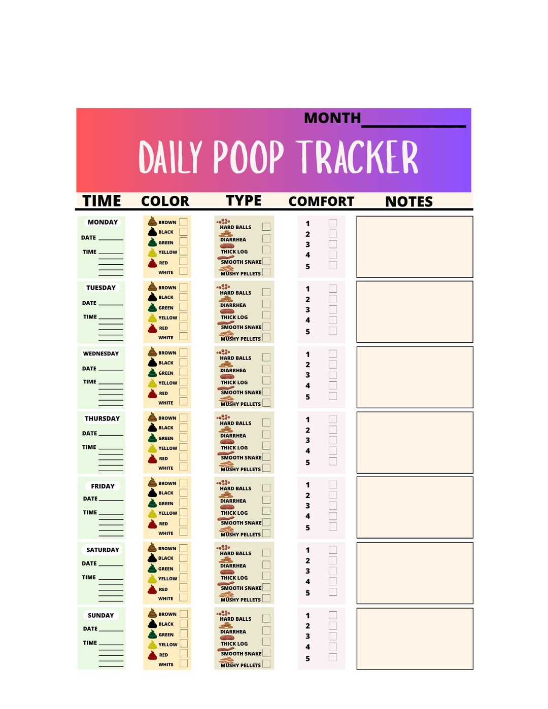 Poop Tracker Printable Sheets, Bowel Movement Journal Planner, Poop ...