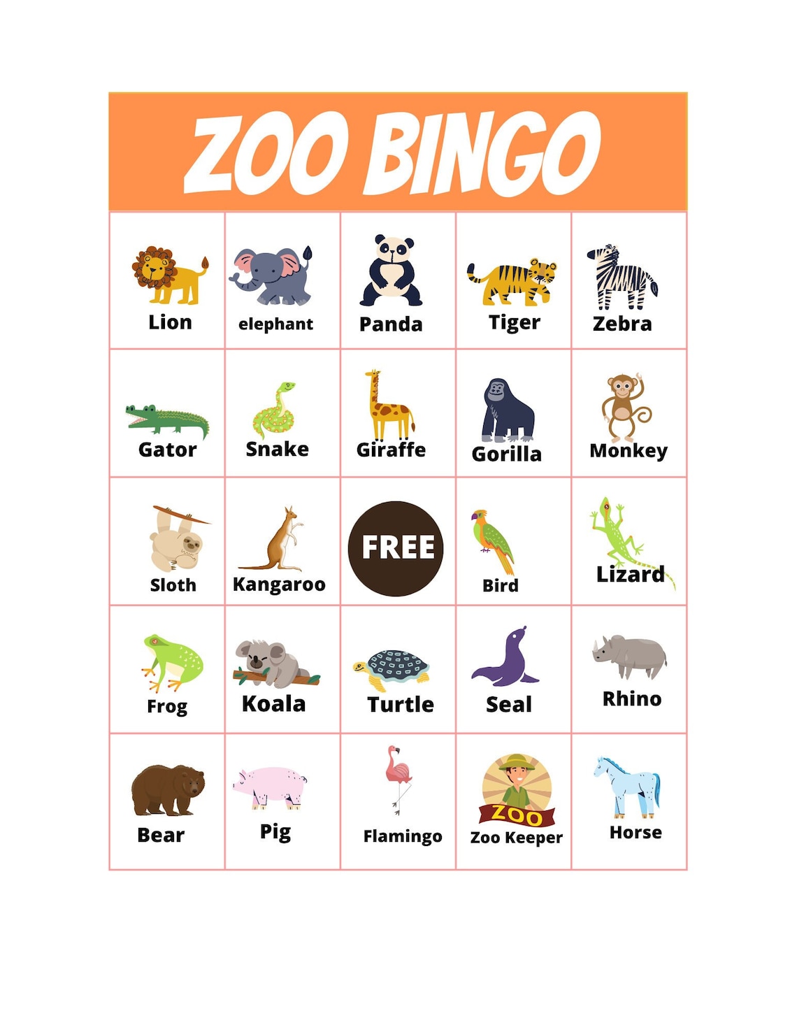 Zoo Bingo Game, Bingo Game With Animals to Instantly Download Print and ...