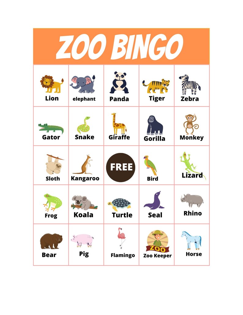 Zoo Bingo Game, Bingo Game With Animals to Instantly Download Print and ...