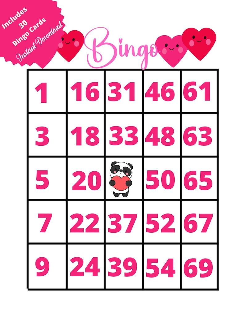 Pink Hearts BINGO Game for Children and Adults, Bingo Cards Pink Hearts ...