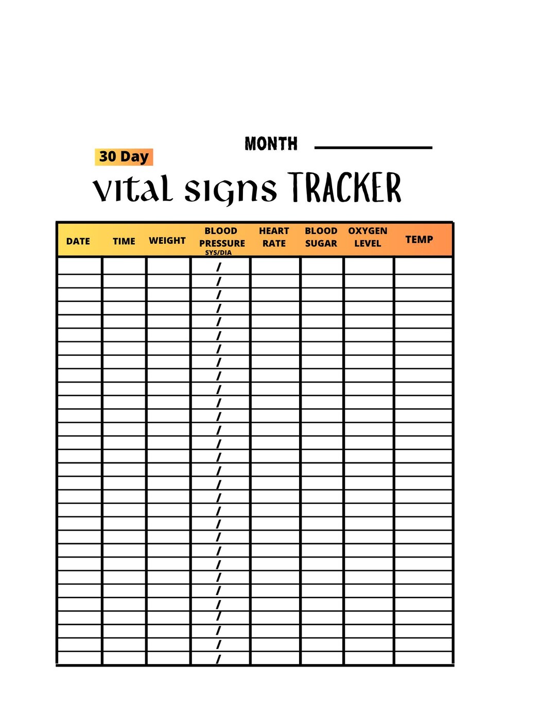 Vital Signs Tracker, Printable Tracker for All Vitals, Blood Pressure ...