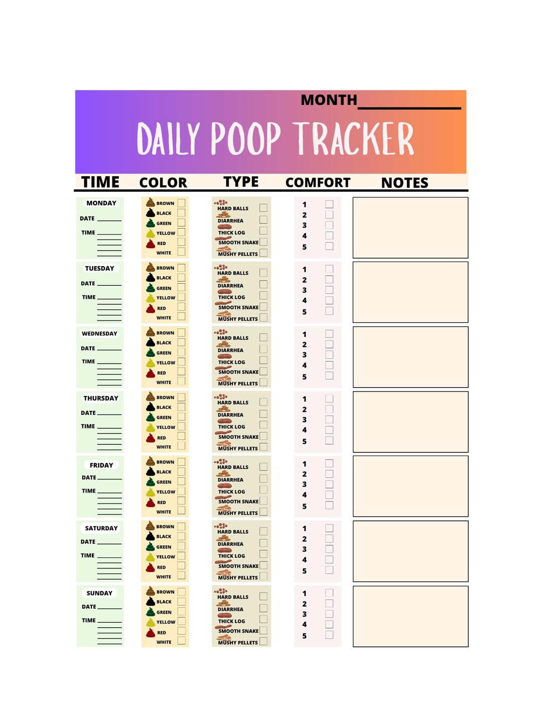 Poop Tracker Printable Sheets, Bowel Movement Journal Planner, Poop ...