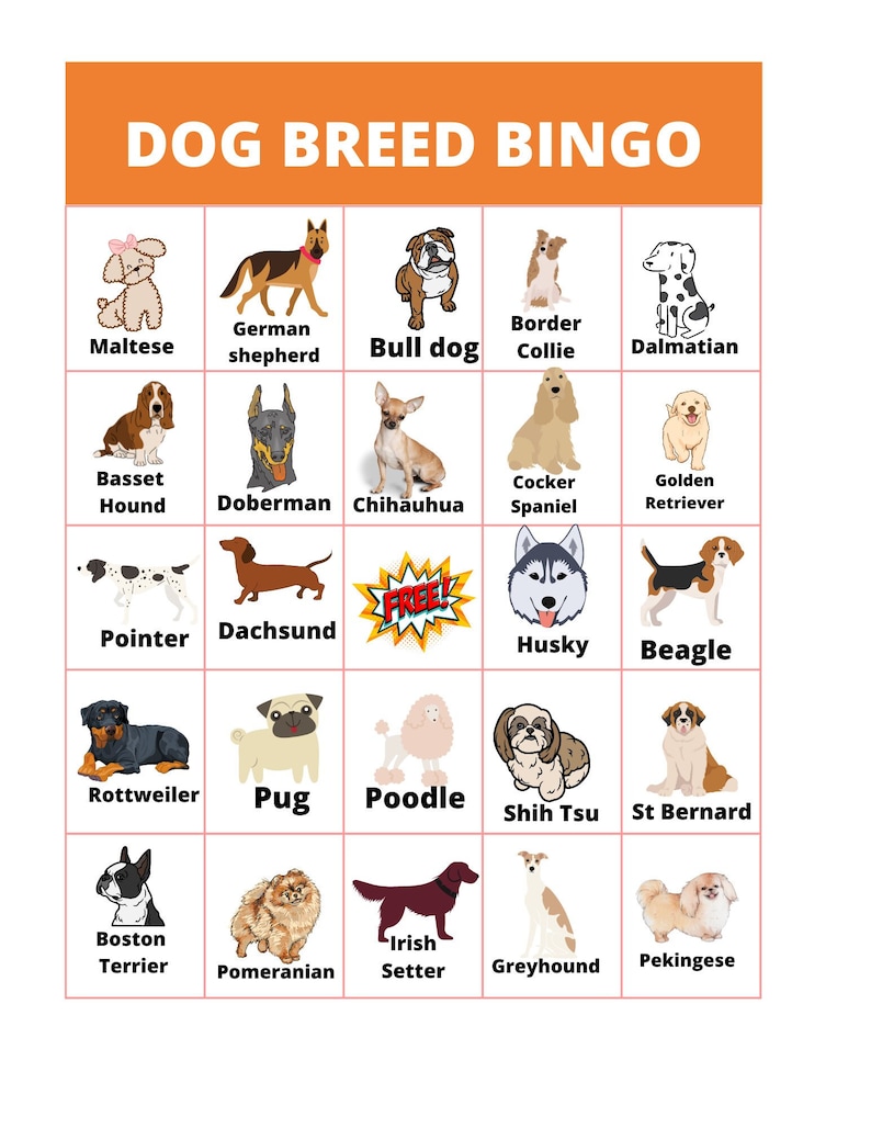 Dog Breed Bingo, Animal Bingo for Kids, Animal Bingo Game for Children ...