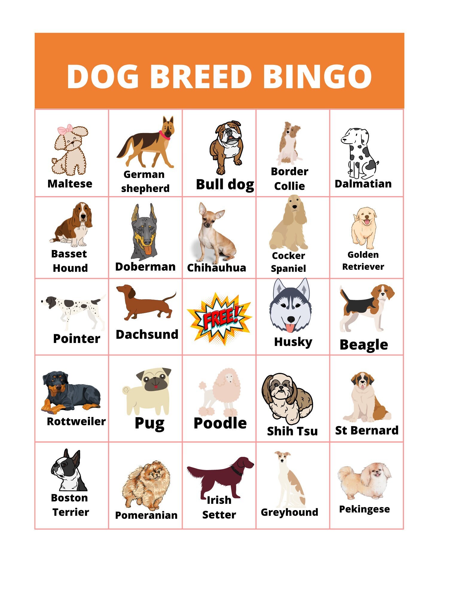 Dog Breed Bingo, Animal Bingo for Kids, Animal Bingo Game for Children ...