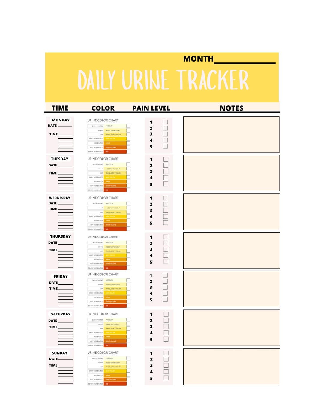 Daily Urine and Bladder Tracker Sheet, Track Urine and Bladder Habits ...