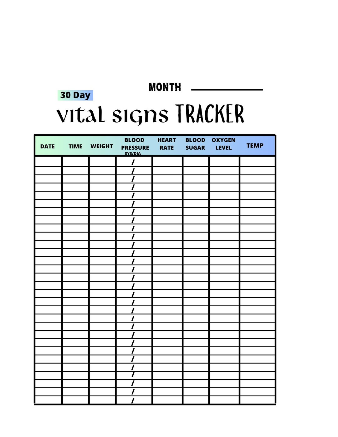 Vital Signs Tracker, Printable Tracker for All Vitals, Blood Pressure ...