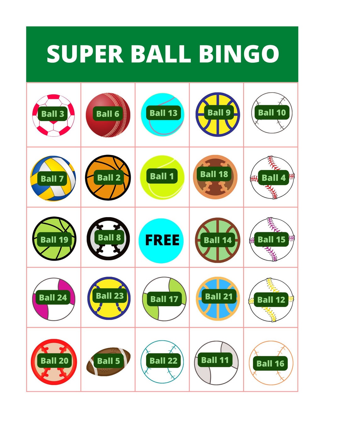 Sports Bingo Game, Super Ball Bingo, Sports Ball Bingo Game for ...