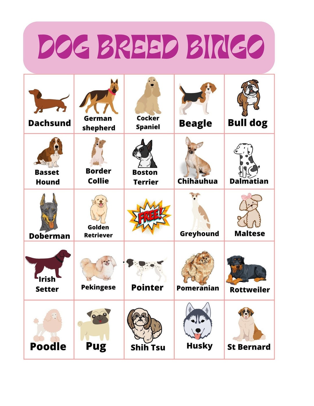 Dog Breed Bingo, Animal Bingo for Kids, Animal Bingo Game for Children ...