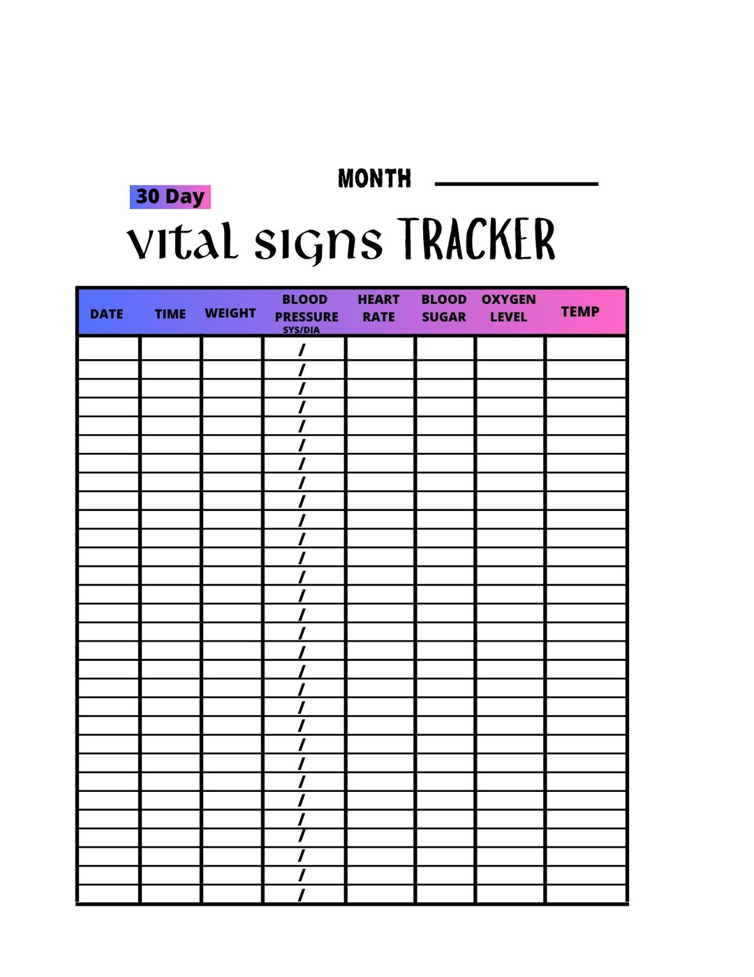 Vital Signs Tracker, Printable Tracker for All Vitals, Blood Pressure ...