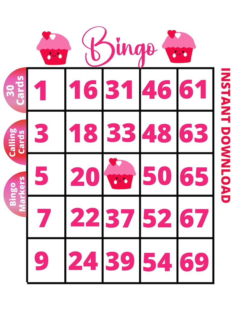 Heart Cupcakes Bingo Game, Cupcake BINGO Game for Children and Adults ...