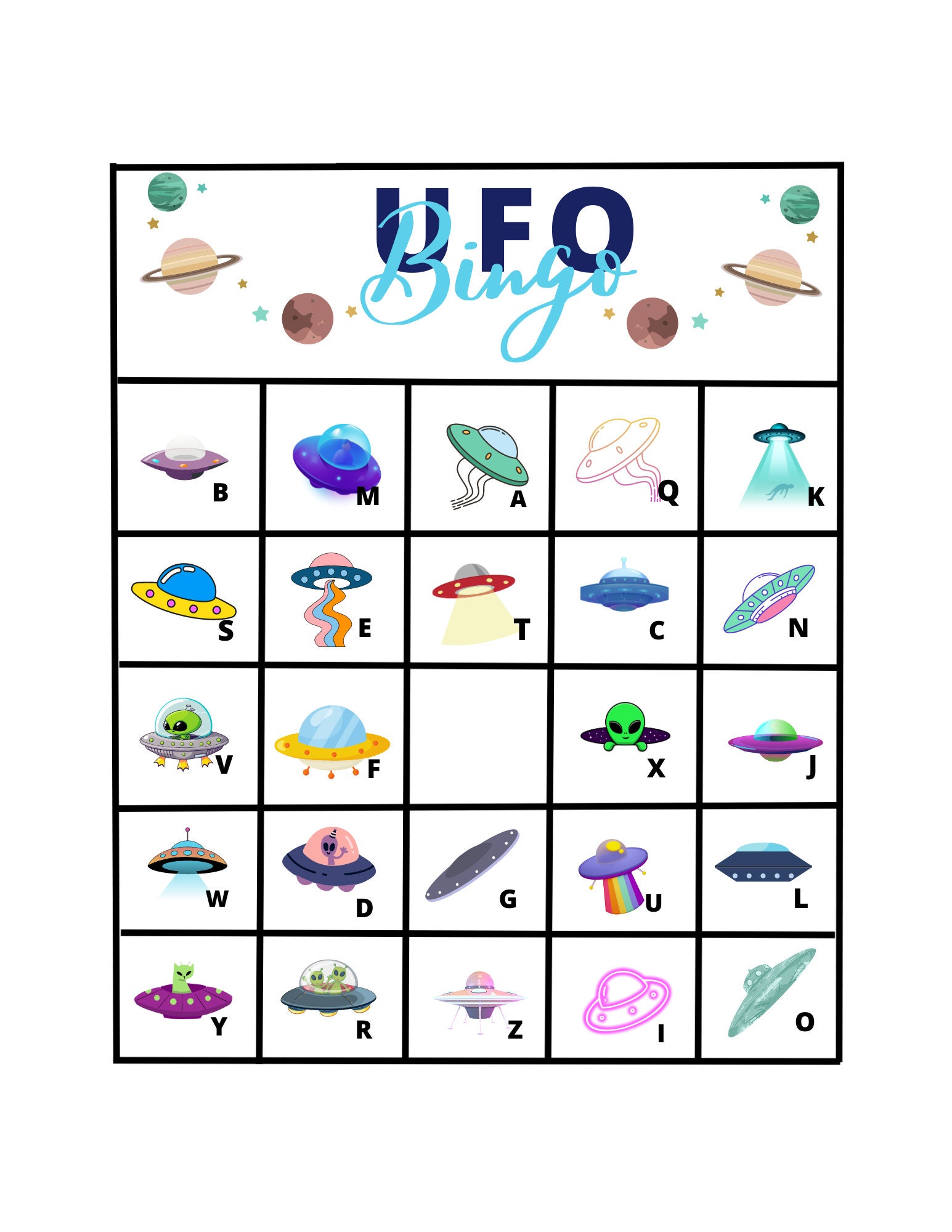 UFO Bingo Game Fun Bingo Game for Children About Ufo's 6 - Etsy