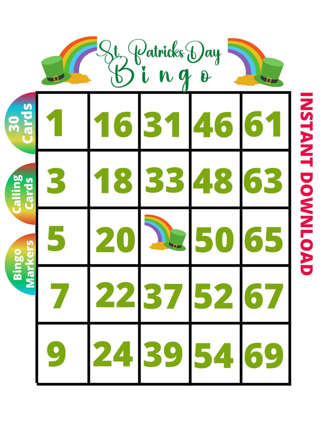 St Patricks Day BINGO Game for Children and Adults, Bingo Cards St ...