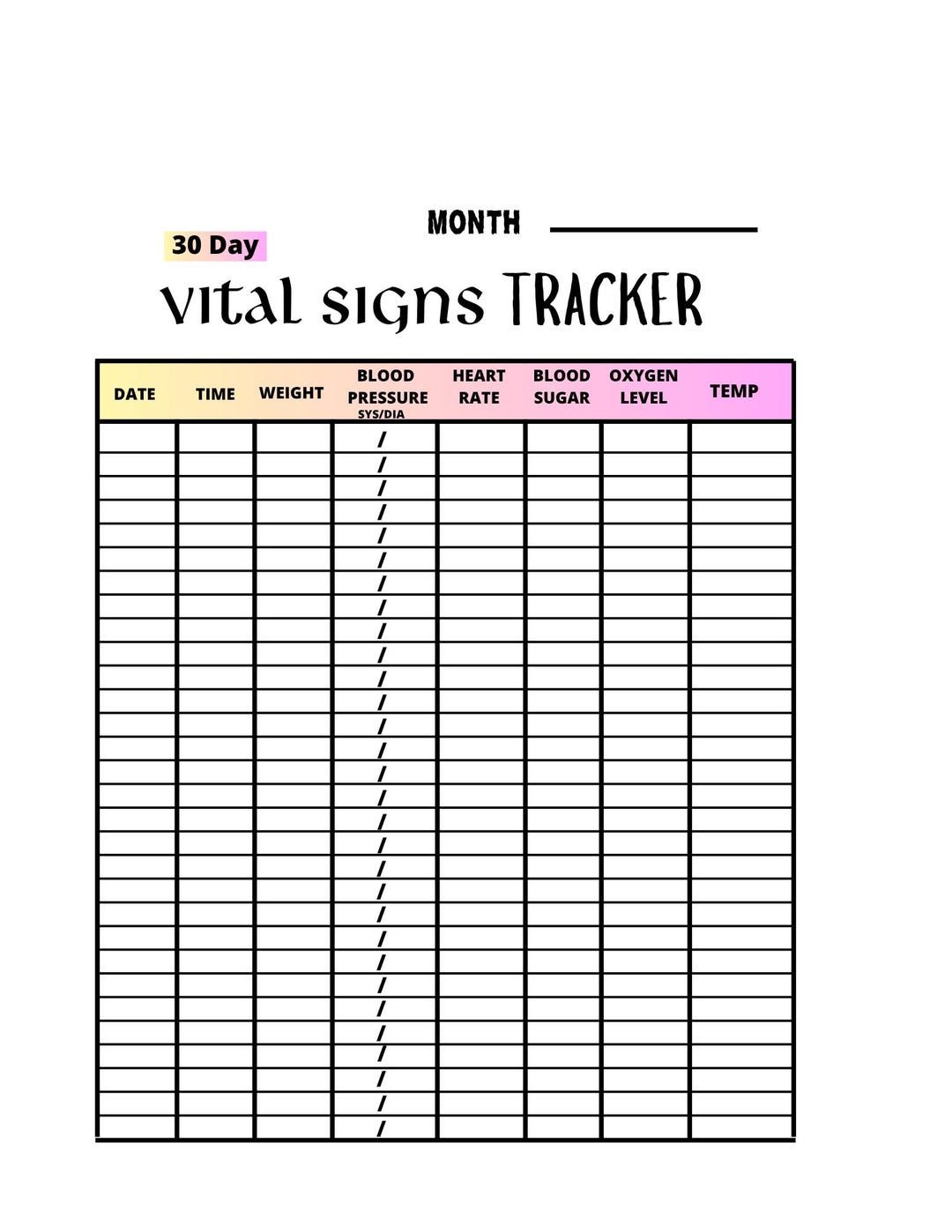 Vital Signs Tracker, Printable Tracker for All Vitals, Blood Pressure ...