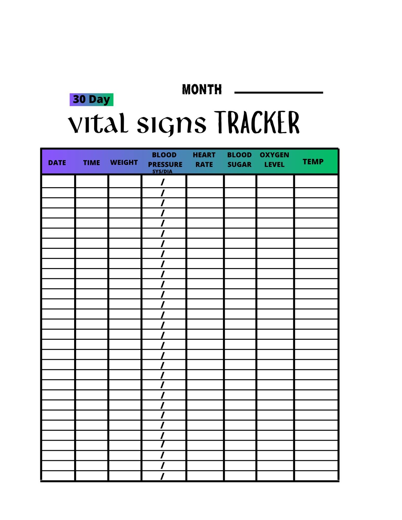 Vital Signs Tracker, Printable Tracker for All Vitals, Blood Pressure ...