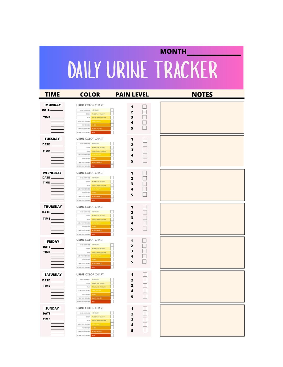 Daily Urine and Bladder Tracker Sheet, Track Urine and Bladder Habits ...