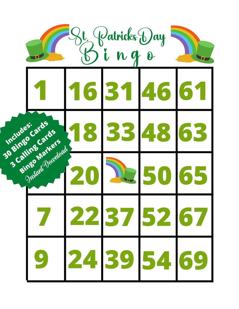 St Patricks Day BINGO Game for Children and Adults, Bingo Cards St ...