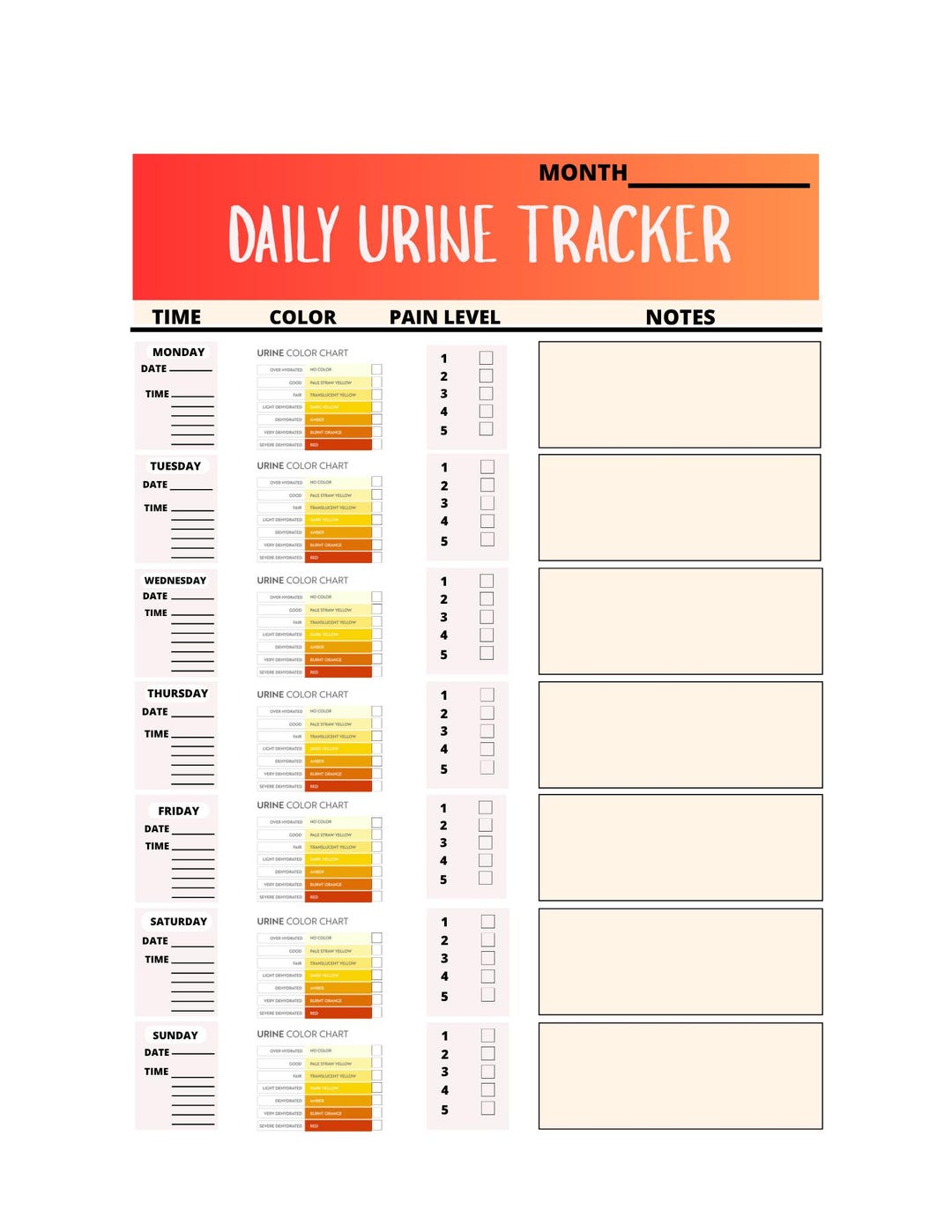 Daily Urine and Bladder Tracker Sheet, Track Urine and Bladder Habits ...