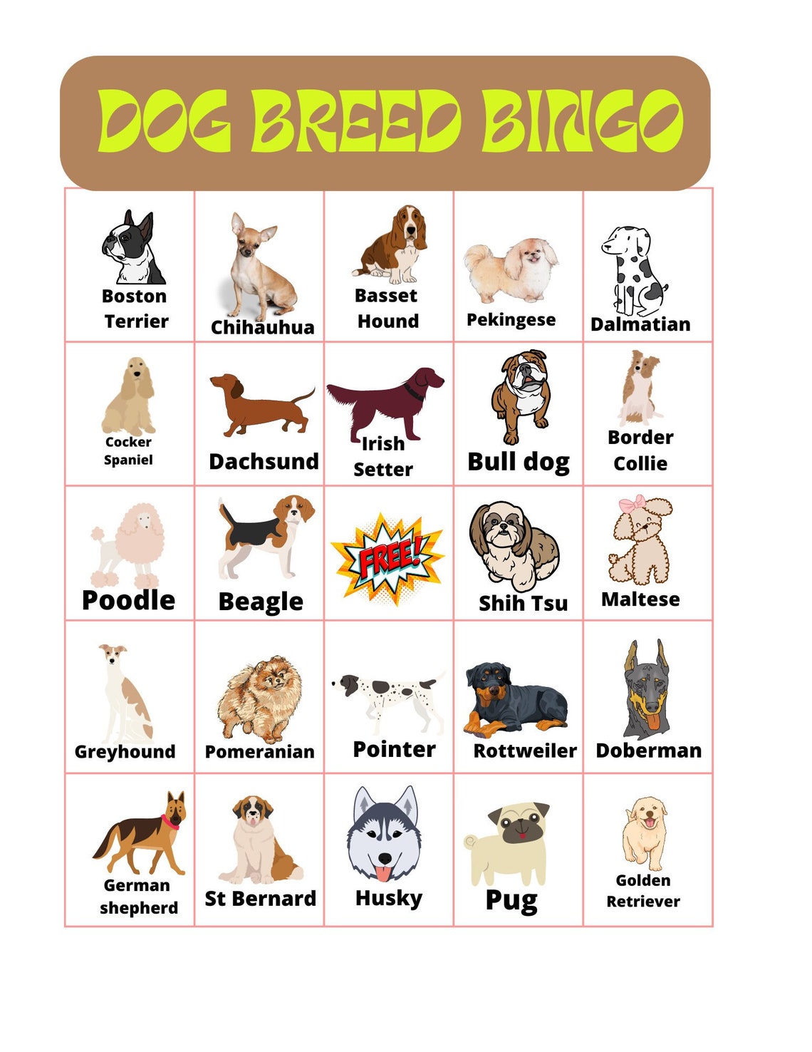 Childrens Bingo Game With Breeds of Dogs, Animal Bingo for Kids ...