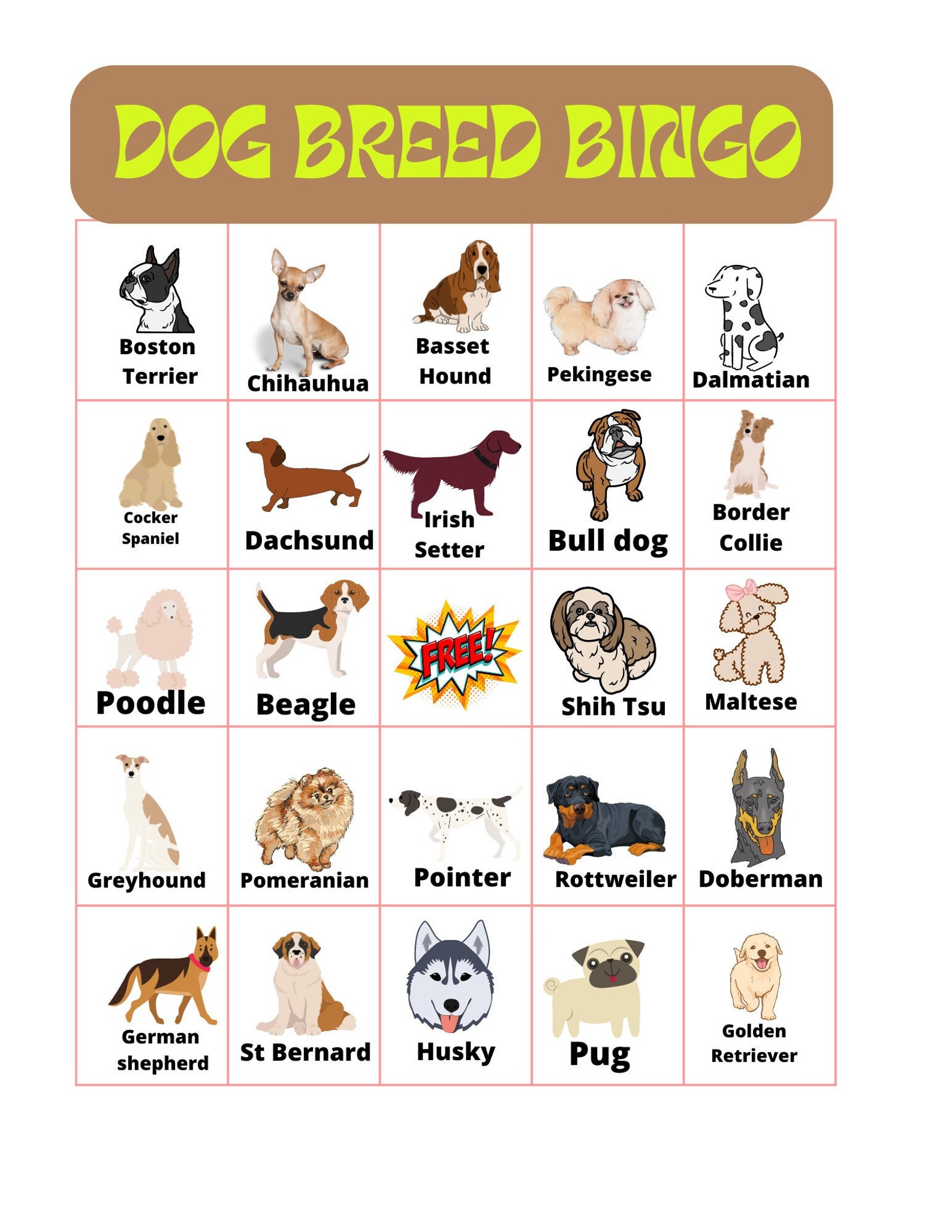 Childrens Bingo Game With Breeds of Dogs, Animal Bingo for Kids ...